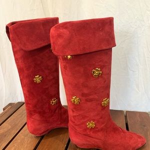 Escada | Shoes | Escada Studded Flowers Red Suede Leather Boots | Poshmark